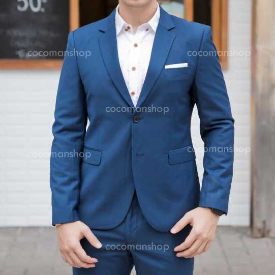 COCO-MAN ชุดสูทผู้ชาย สีน้ำเงิน เสื้อสูทกระดุม 2เม็ด มีกางเกงเข้าชุด ...