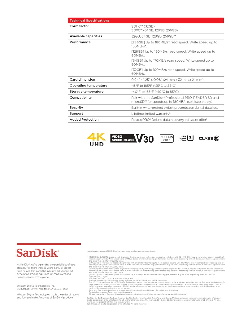 Sandisk Extreme 256GB U3 V30 R180W130 UHS-I SDXC Memory Card SDSDXVV ...