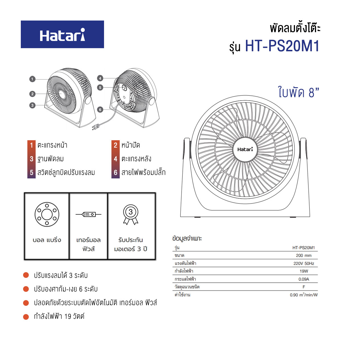 พัดลมทรงกลม 8 นิ้ว HATARI HT-PS20M1 (คละสี) อมร อีเล็คโทรนิคส์ อมร ...