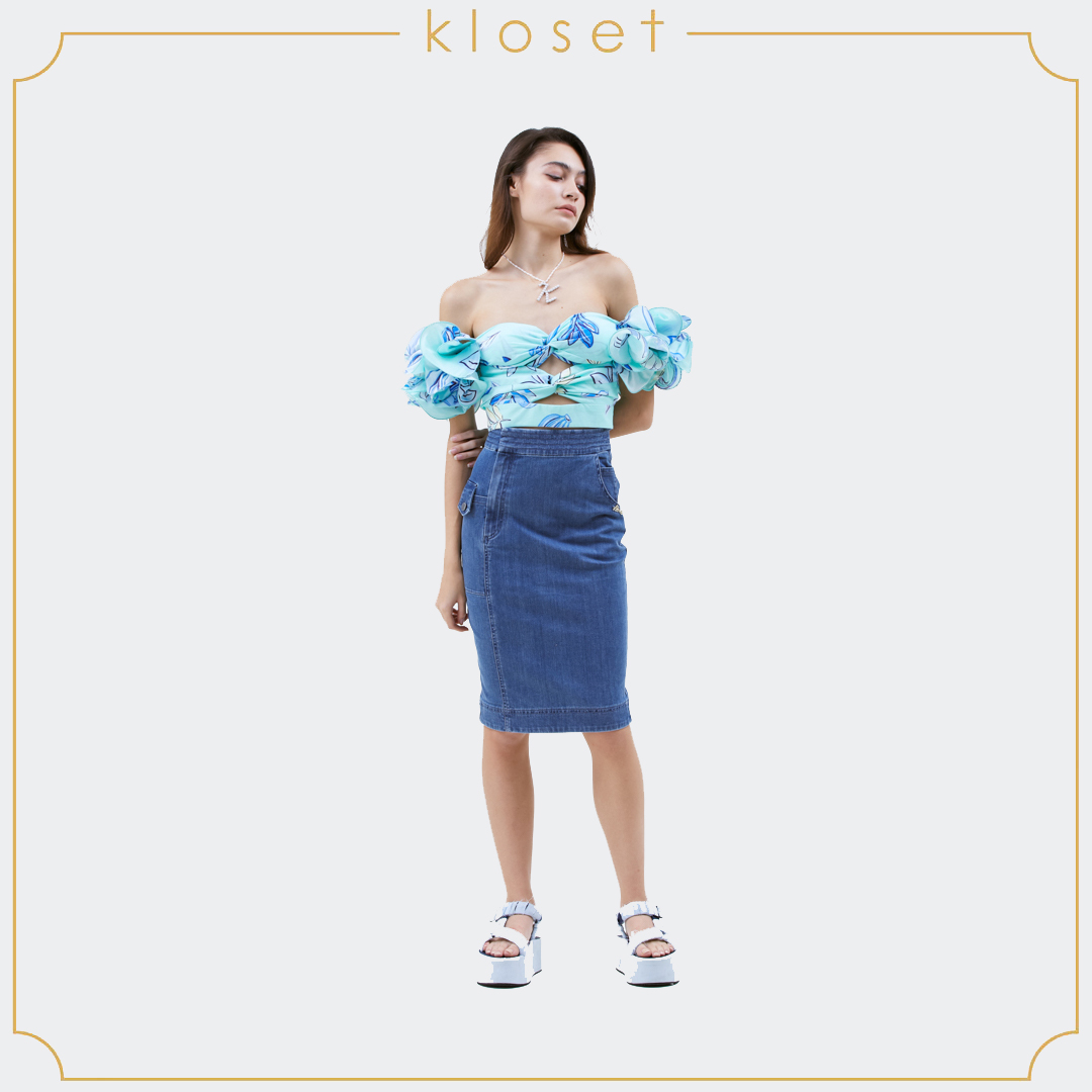 KLOSET Havana Crop Top With Detailed Sleeves (SS21-T003) เสื้อครอปปาดไหล่ แขนพอง ผ้าพิมพ์ลาย ...