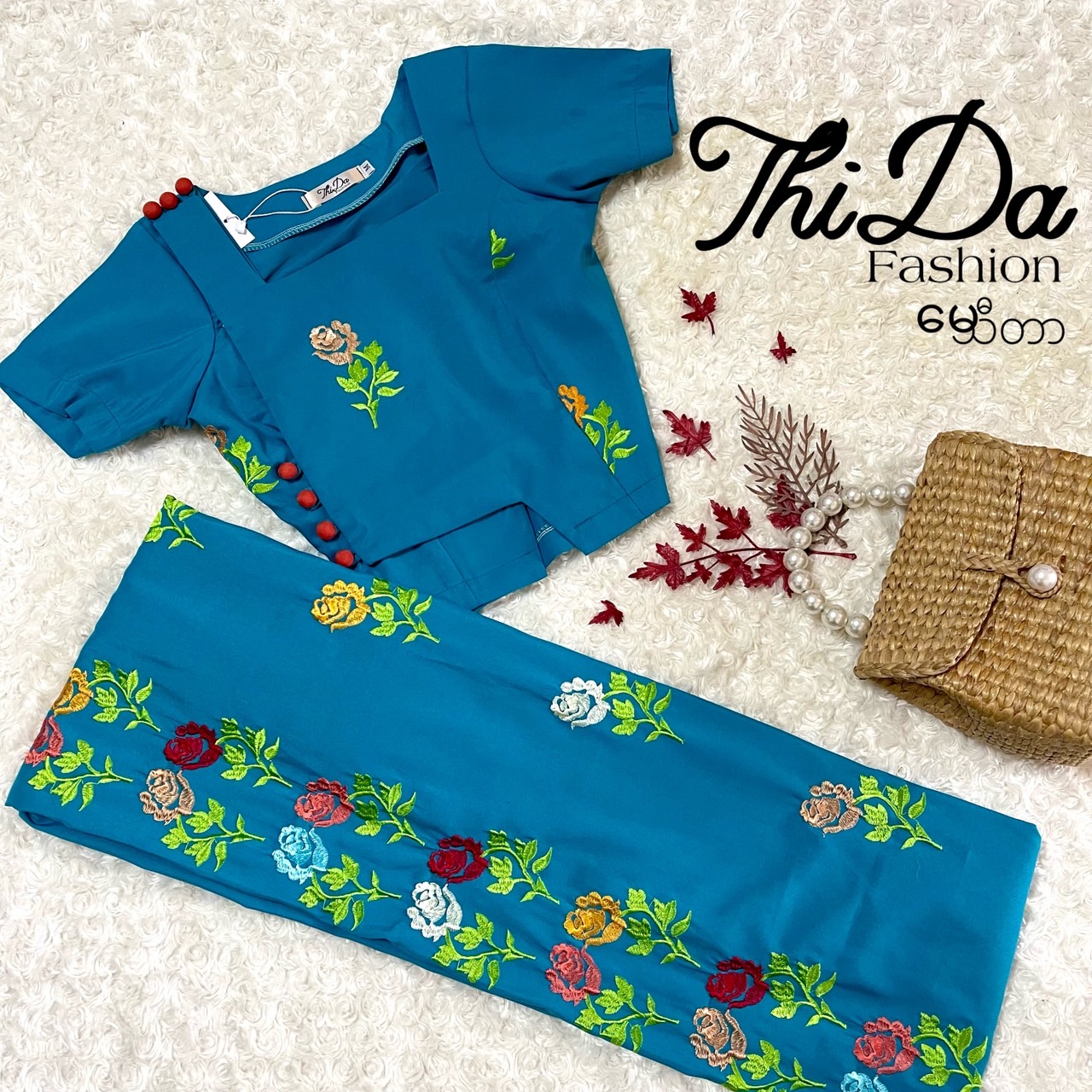 Myanmar dress set ชุดไปวัดทำบูญสวย ปักด้ายด้วยลายกุหลาบ | Lazada.co.th