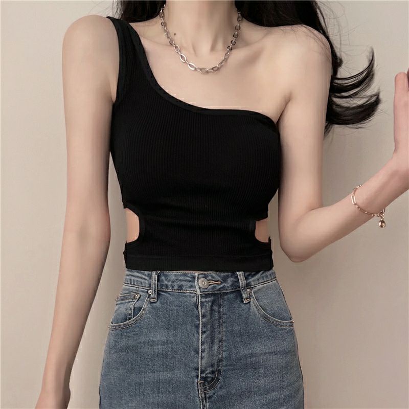 Zero SHOP????พร้อมส่ง???? (Zero-FY1823) เสื้อกล้ามไหมพรม มีฟองน้ำ ดีเทลสายข้างเดียว เว้าเอวเซ็ก ...