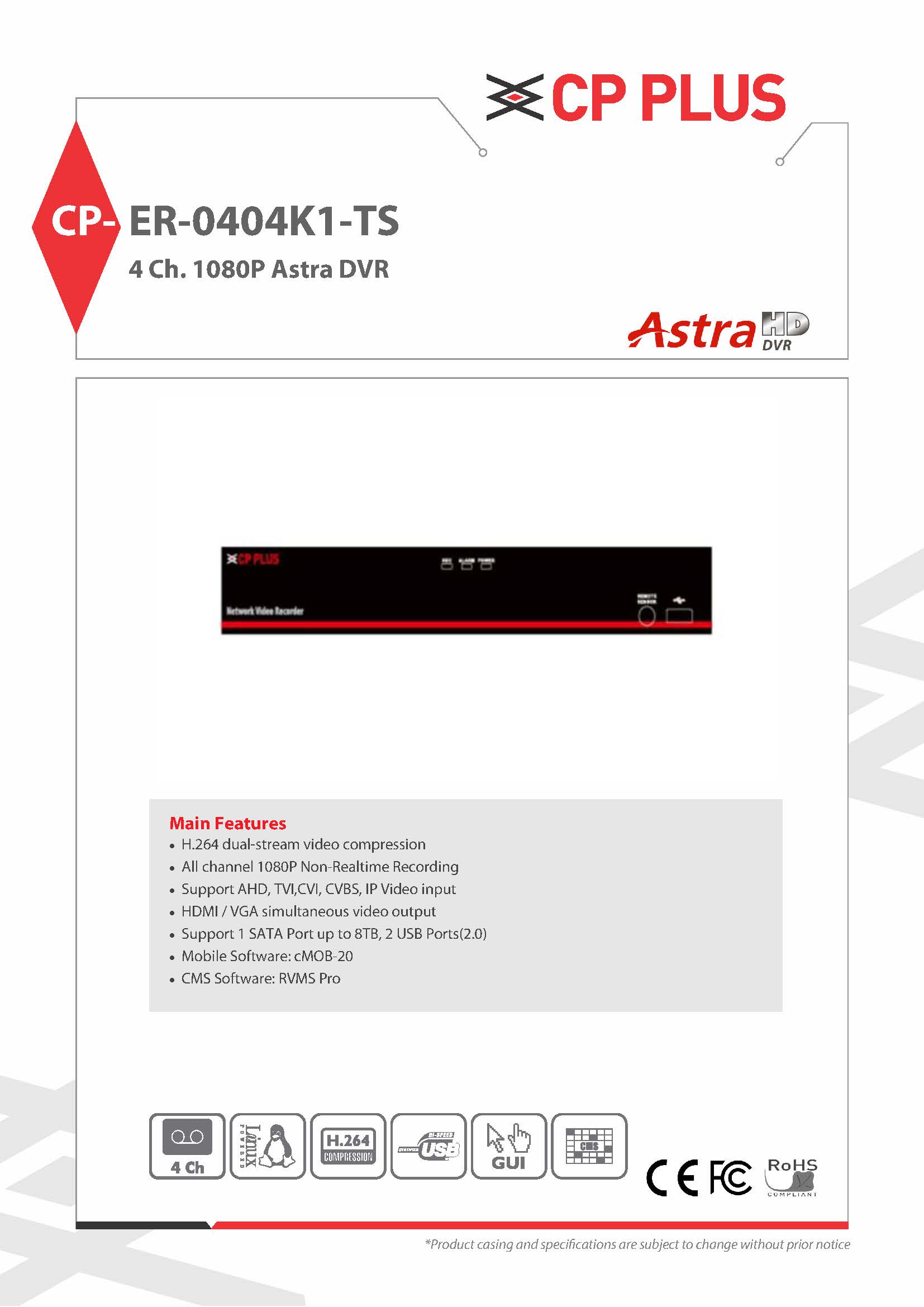 DVR 4CH. HDCVI CP PLUS รุ่น CP-ER-0404K1-TS - ETA CORPORATION - ThaiPick