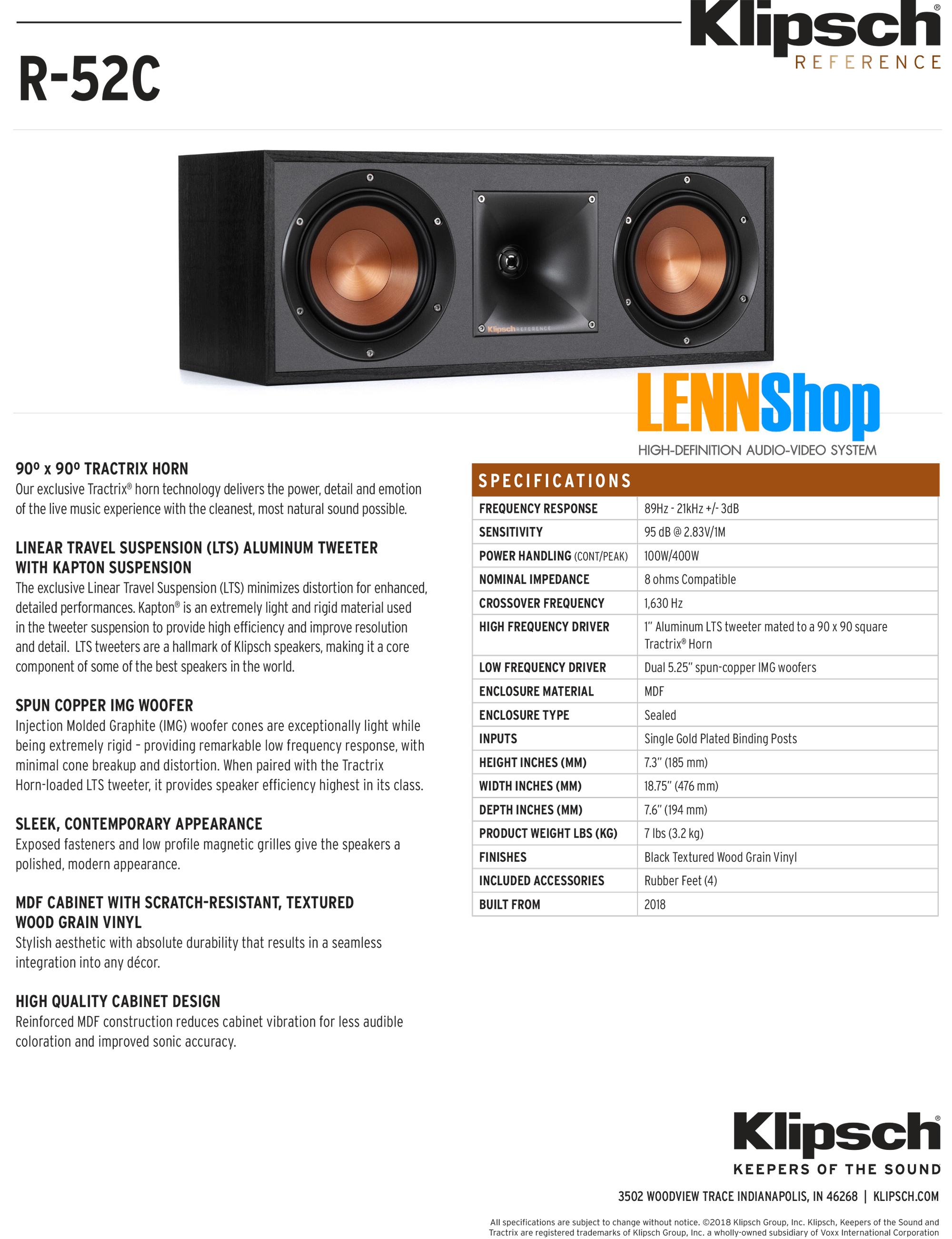 Klipsch Reference R-52C 2-Way Center Channel Speaker รับประกัน 1 ปี ...