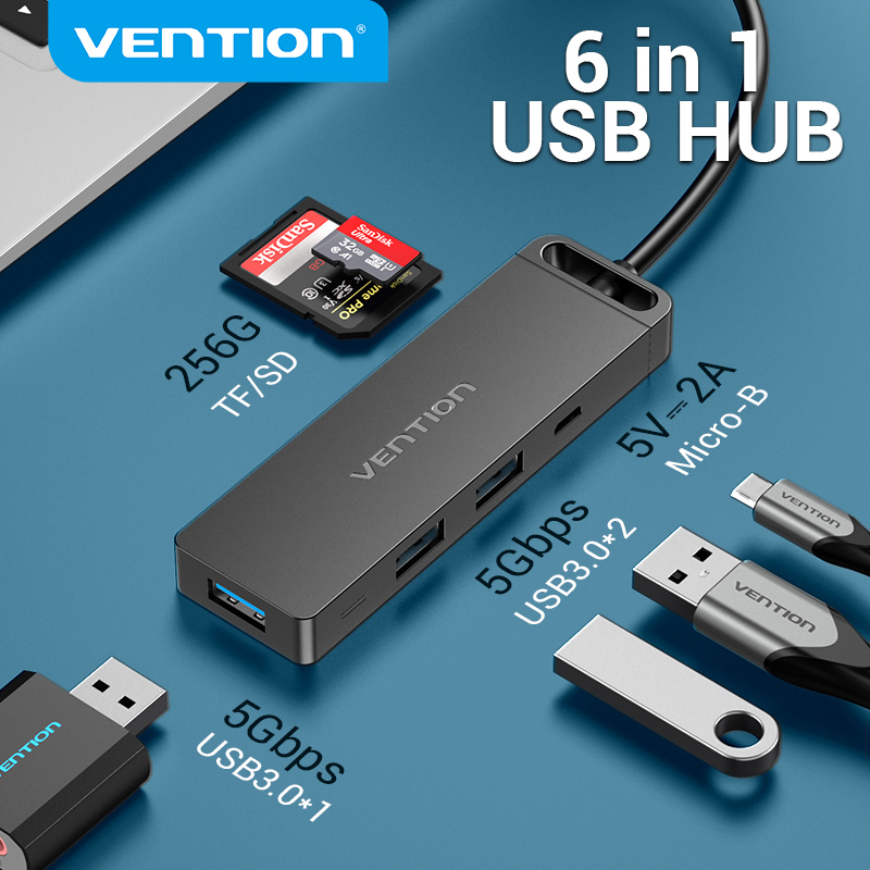 Vention 6 in 1 USB 3.0 Hub USB to USB 3.0 Micro USB Power TF SD Card ...