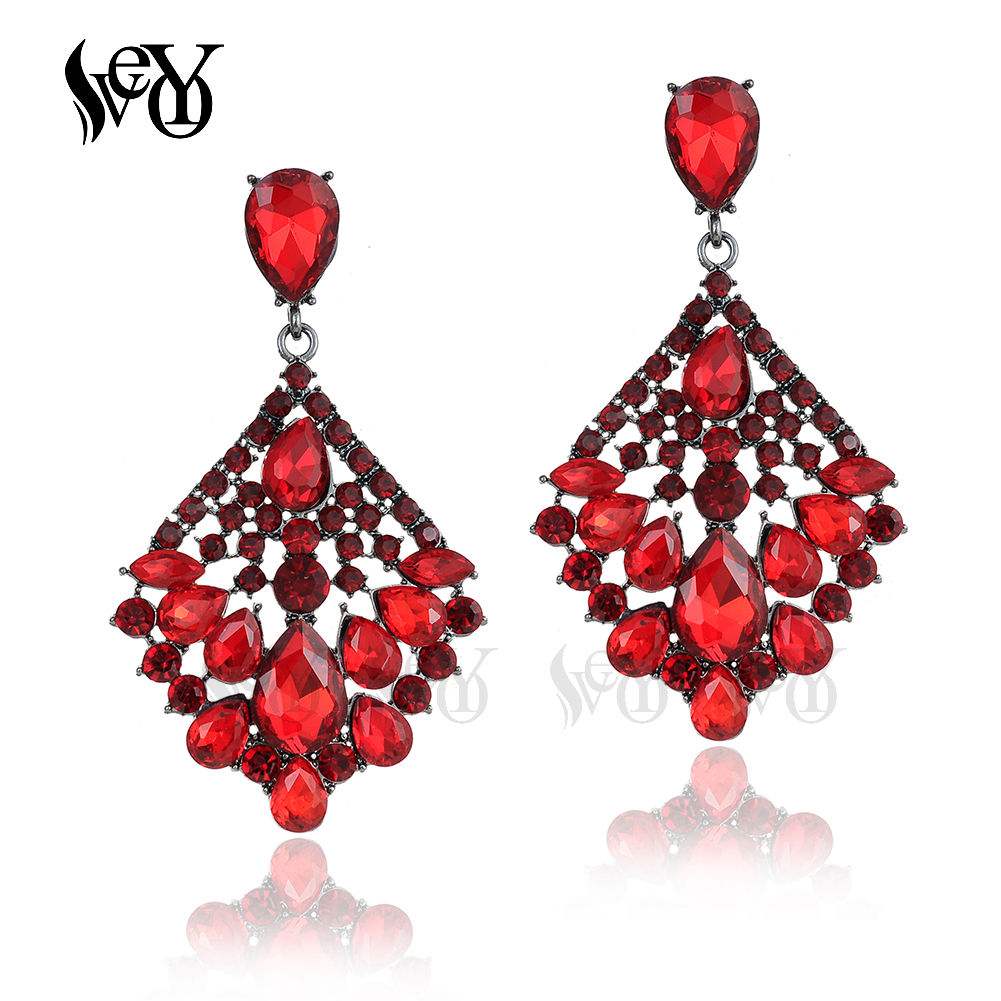 VEYO Luxury Rhinestone Crystal Drop Earrings Red Color Bridal Big ...