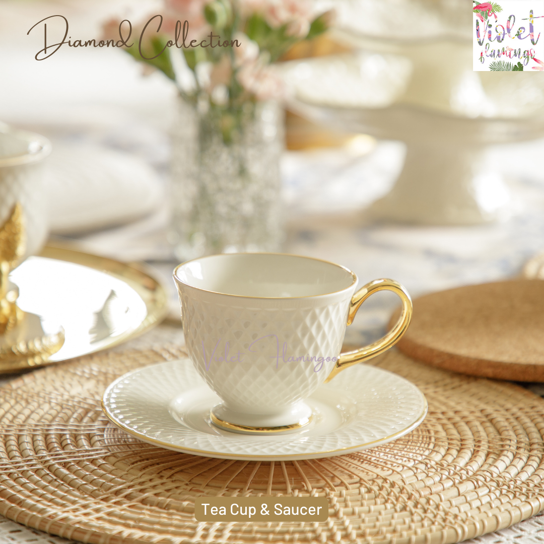 ชุดน้ำชา Diamond Tea Set ชุดน้ำชาลายเพชรสีขาว Ivory (สีขาวงาช้าง) ขอบ ...