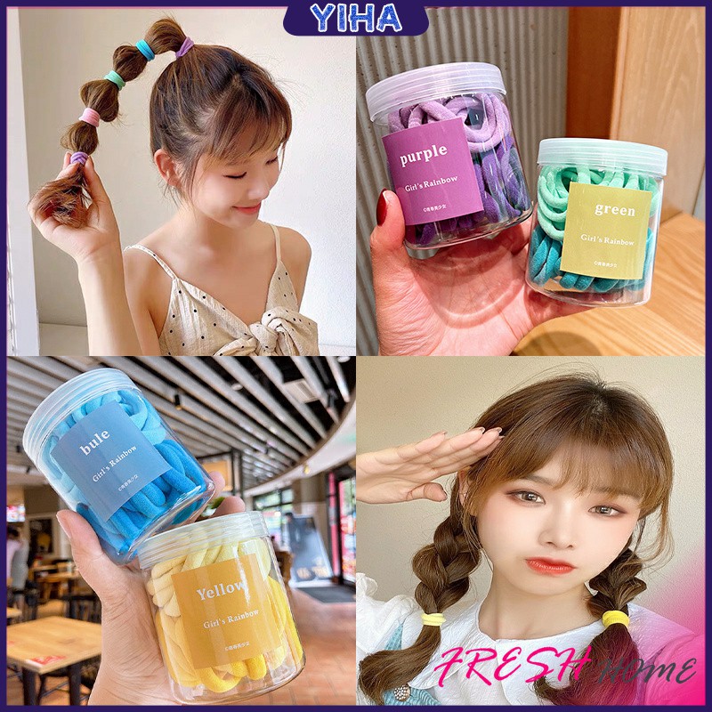 Yiha ยางมัดผมสีพื้น สีสันสดใสแพ็คมาในกระปุ๊ก 50 เส้นกระป๋อง rubber band ...