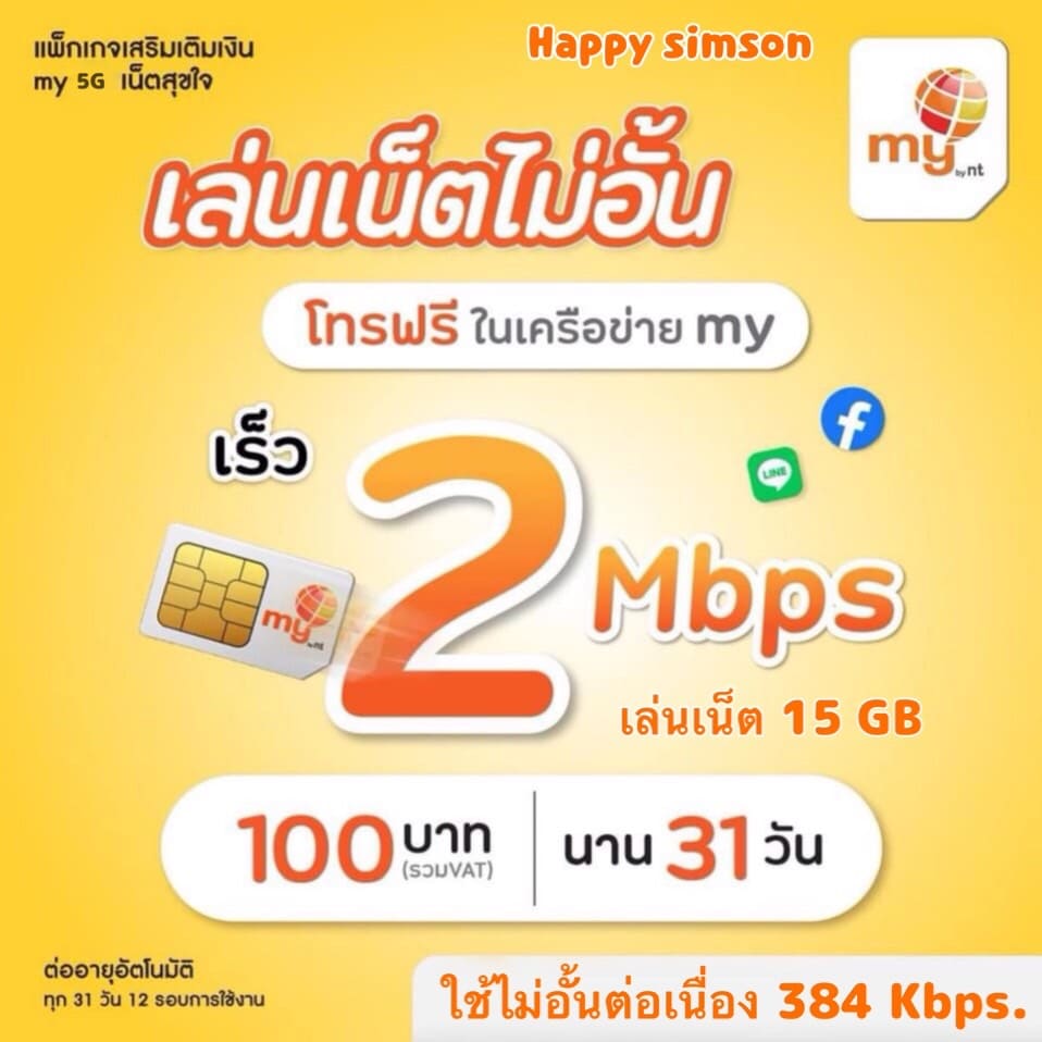 ซิม MY เน็ตไม่อั้น 5G ซิมเทพ เน็ตเร็วสูงสุด 2 Mbps ปริมาณ 15 GB.ใช้ไม่ ...