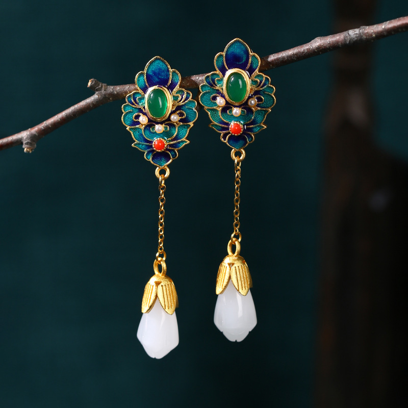 Chinese style palace retro jewelry enamel craft agate Hetian magnolia ...