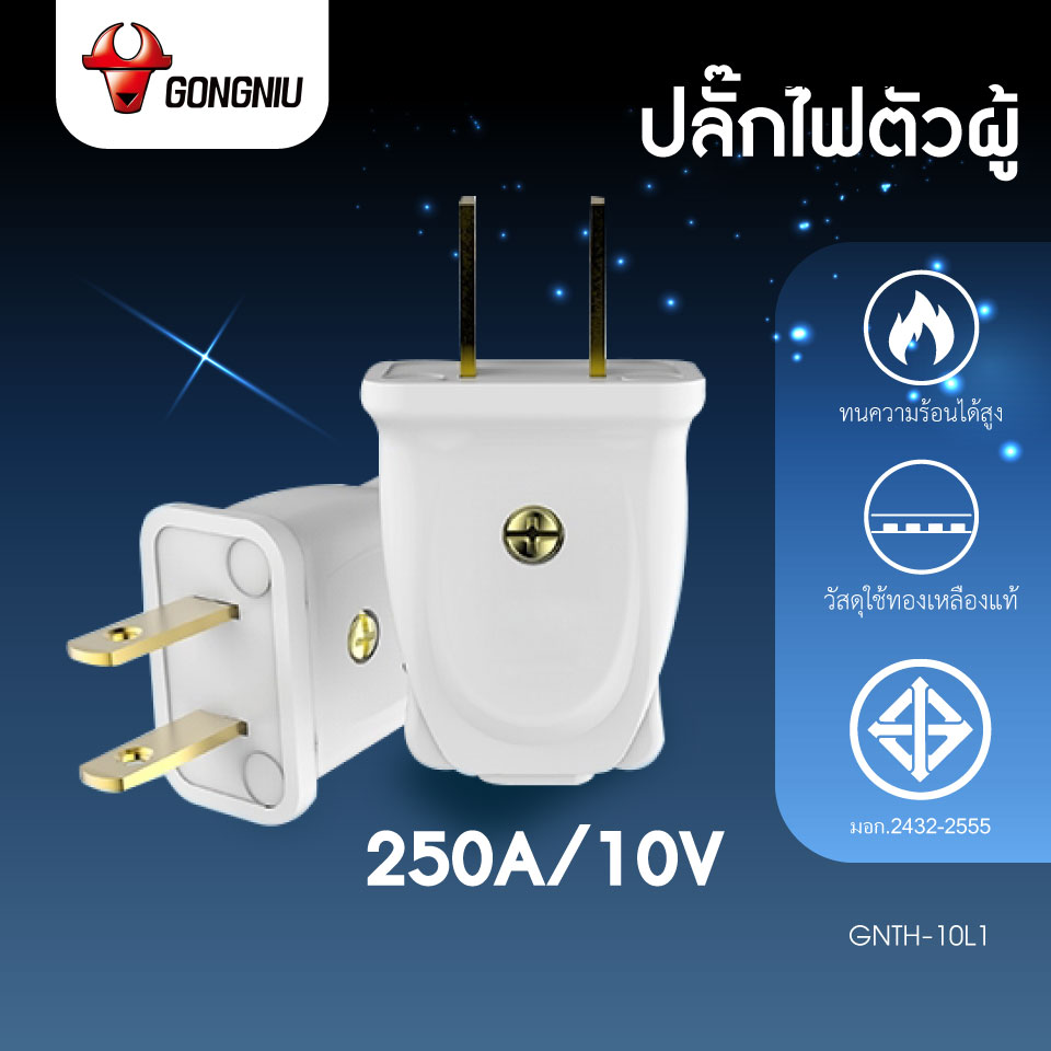 GONGNIU รุ่น 10L1/10L4 (รุ่นตกไม่แตก) (1set/20Pcs.) ปลั๊กไฟตัวผู้ หุ้มพลาสติก PVC อย่างดี ...
