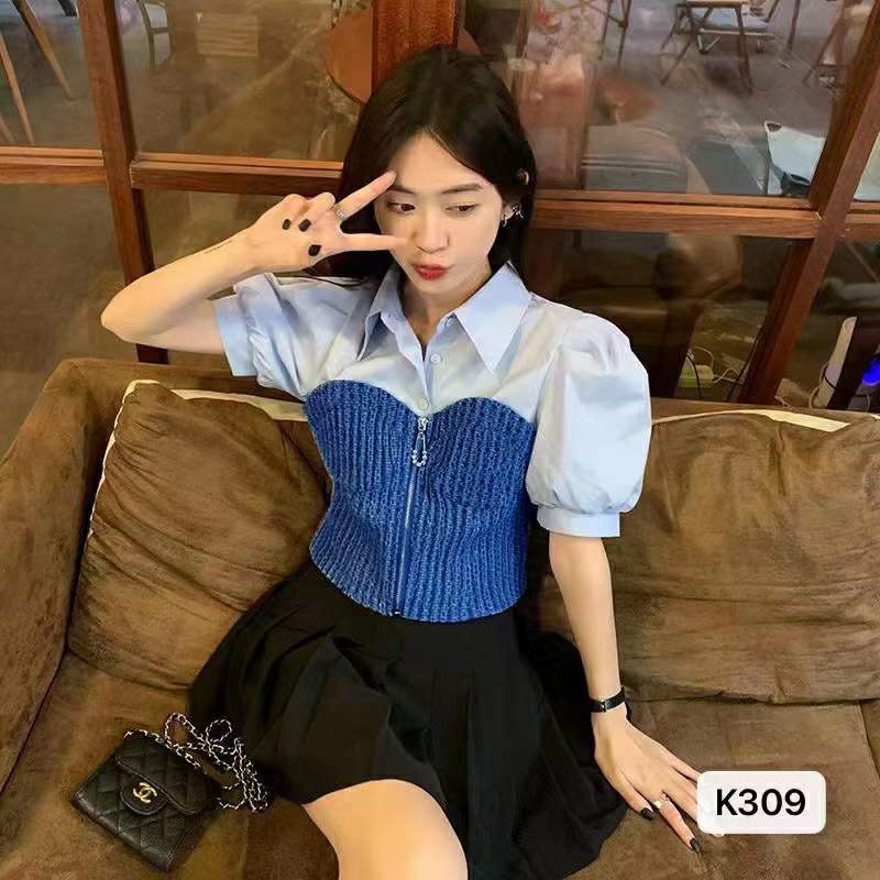 K309 เสื้อแขนสั้น เสื้อ2ชิ้นเย็บติดกัน แต่งคอปกและซิปรูดได้ เสื้อผ้าแฟร์ชั่นหญิงเกาหลี ลายน่ารัก ...