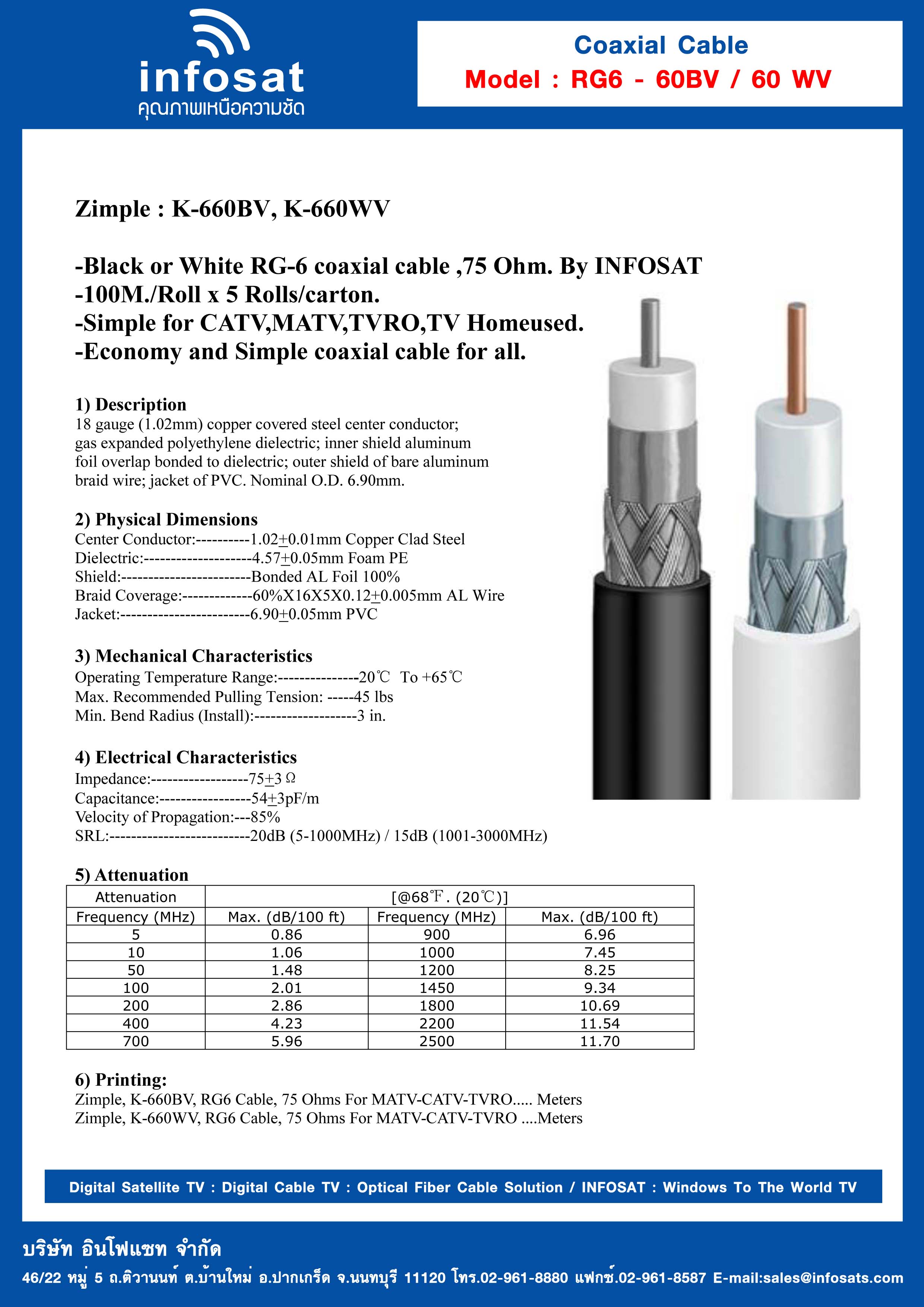 Infosat Coaxial RG6 ชิลด์ 60% รุ่น F660BV ยาว 100เมตร สีดำ แพ็ค 3 ...