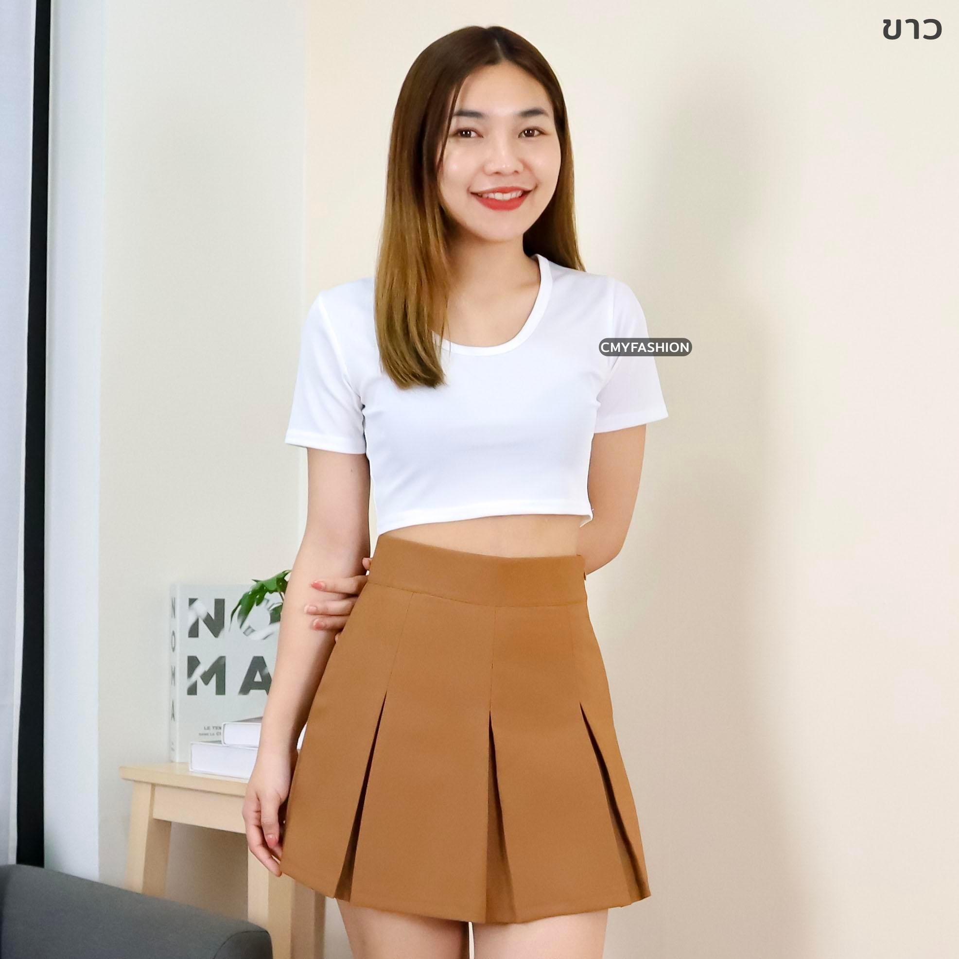 *220# เสื้อยืดแขนสั้น ครอป เอวลอย คอยู ผ้าร่อง ใส่สบาย แมทช์ได้กับทุกล ...