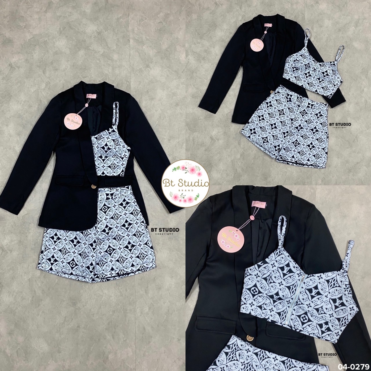 งานป้าย BT-Studio set 3ชิ้นเสื้อเบเซอร์แขนยาวกระดุมหน้า มาพร้อมเสื้อครอปสั้นสายเดี่ยวด้านในพิมพ์ ...