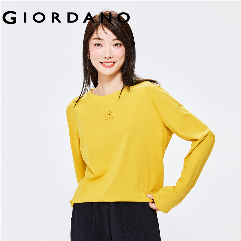 GIORDANO Women T-Shirts Small Bear Embroidered Stretchy Comfy T-Shirts ...