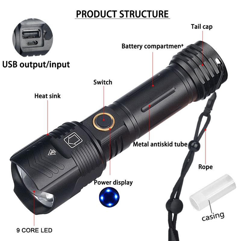 XHP90 9-Core LED Flashlight Zoom USB Rechargeable XHP90 Torch IPX4 ...
