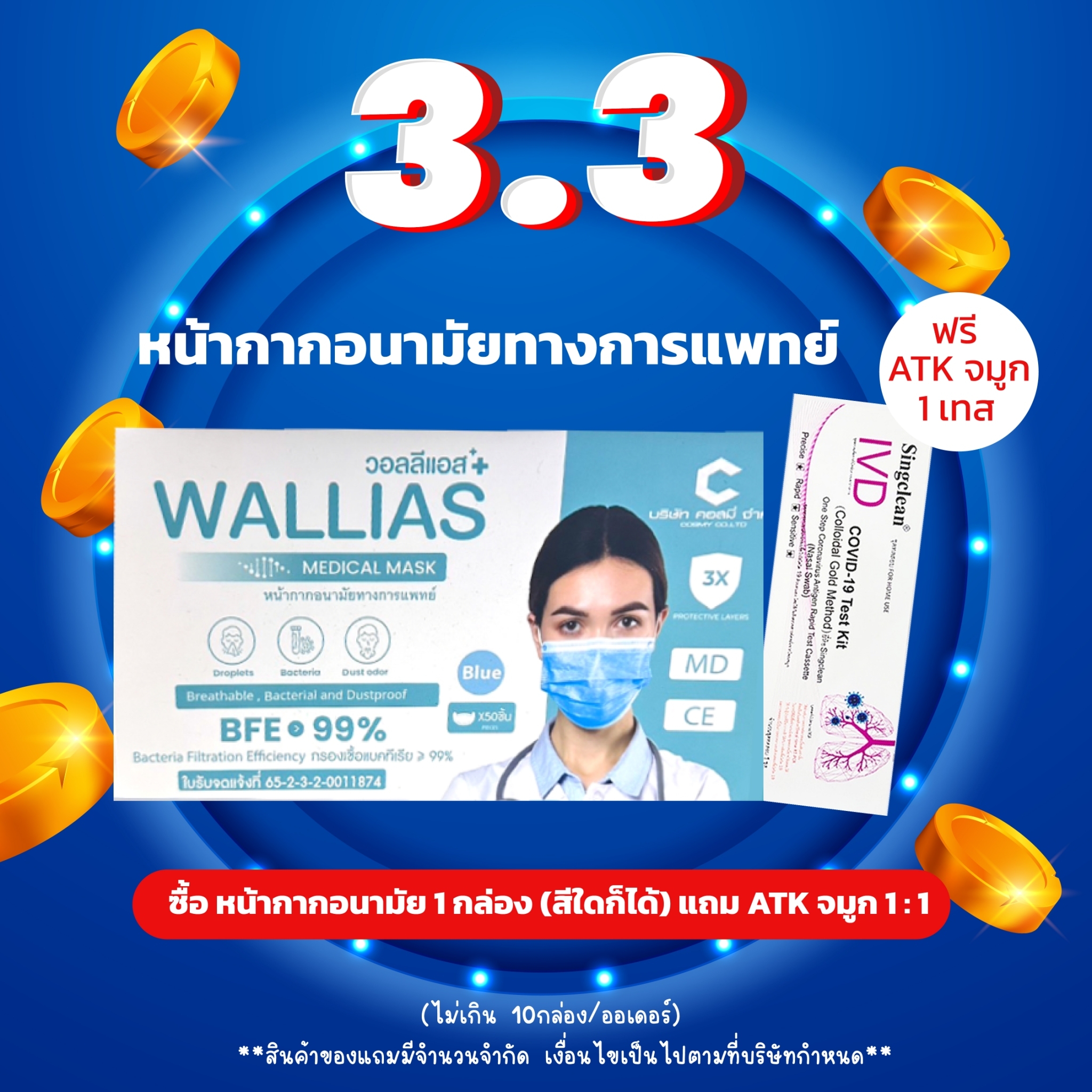 WALLIAS หน้ากากอนามัยทางกาารแพทย์ หนา 3 ชั้น กรองแบคทีเรียได้ 99 % ผ่านการทดสอบ มอก.2424-2565 ...