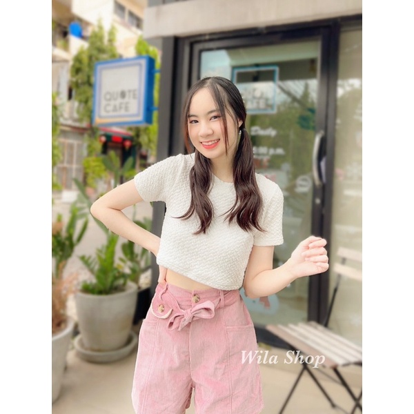 ZeroOneShop ไม่ต้องรีด สีเยอะ เสื้อครอปแขนสั้นผ้ายืดลายขนแกะ ลุคนี้คุณหนูสุด ดูไฮโซ / Wila ขนแกะ ...