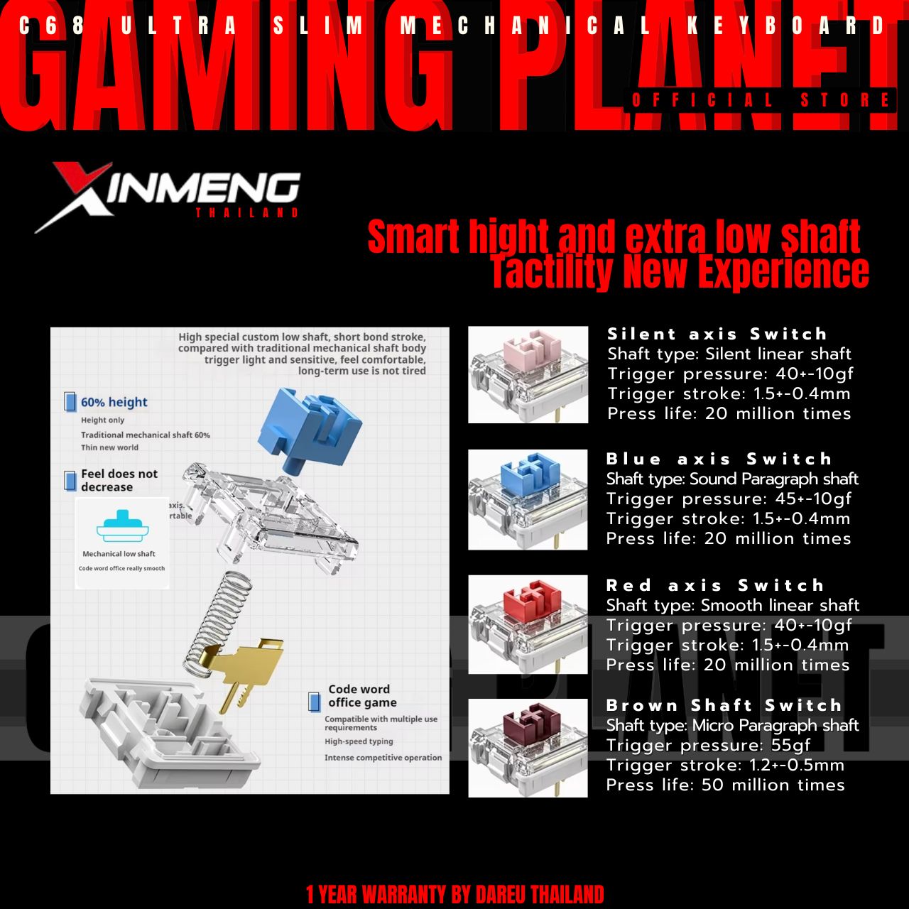 XINMENG C68 Ultra-slim Wireless Mechanical keyboard คีย์บอร์ดไร้สาย low ...