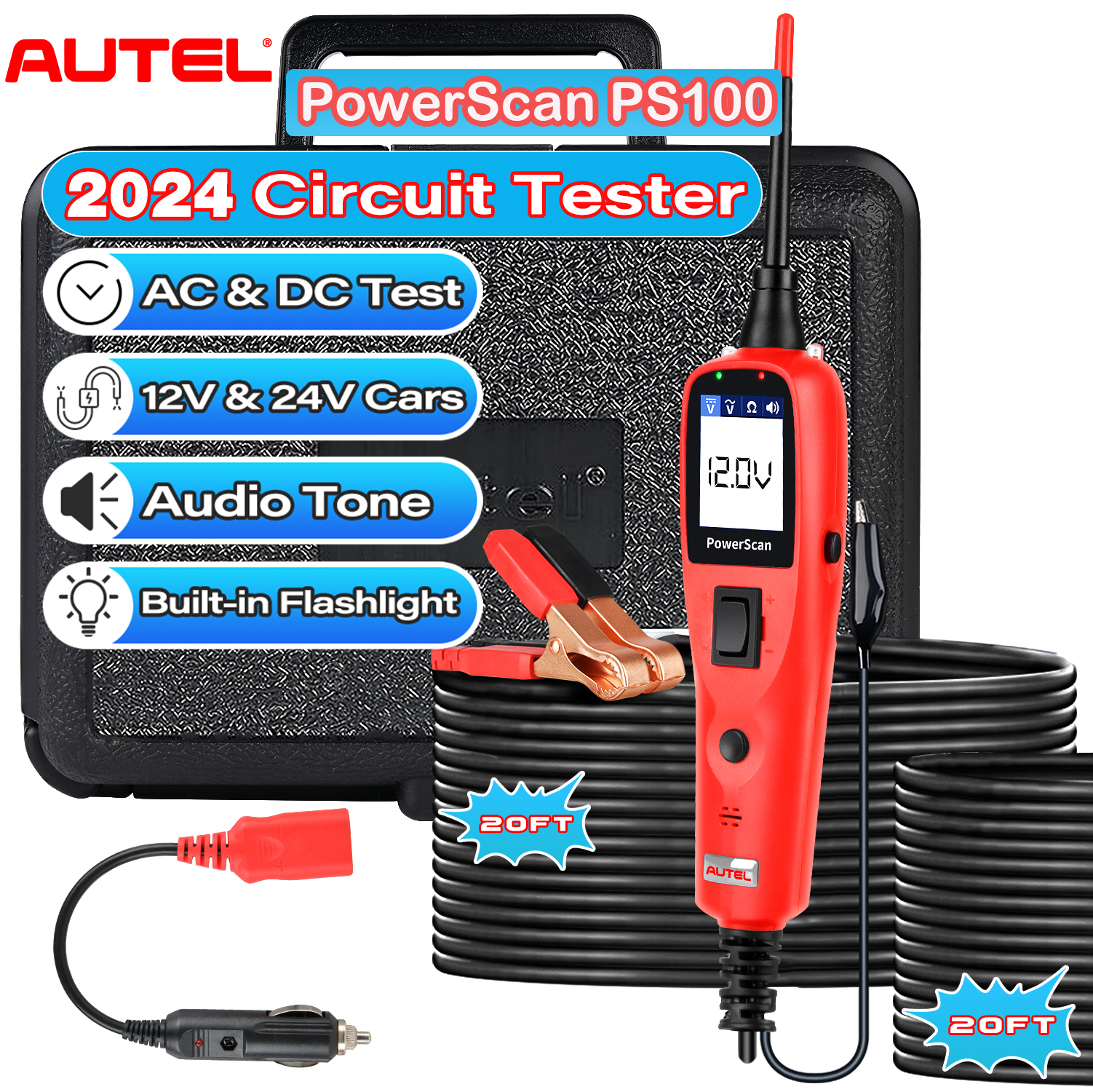 Autel Powerscan PS100 12V/24V เครื่องทดสอบแบตเตอรี่รถยนต์ ชุดโพรบวงจร ...