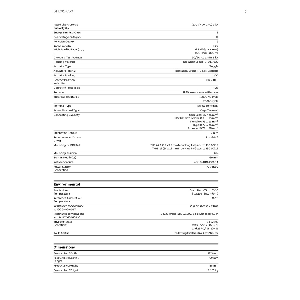 โปรโมชั่น ABB - SH201-C50 - ลูกย่อยเซอร์กิตเบรกเกอร์ 50 แอมป์ 1 โพล 6kA, ABB System M Pro 50A ...