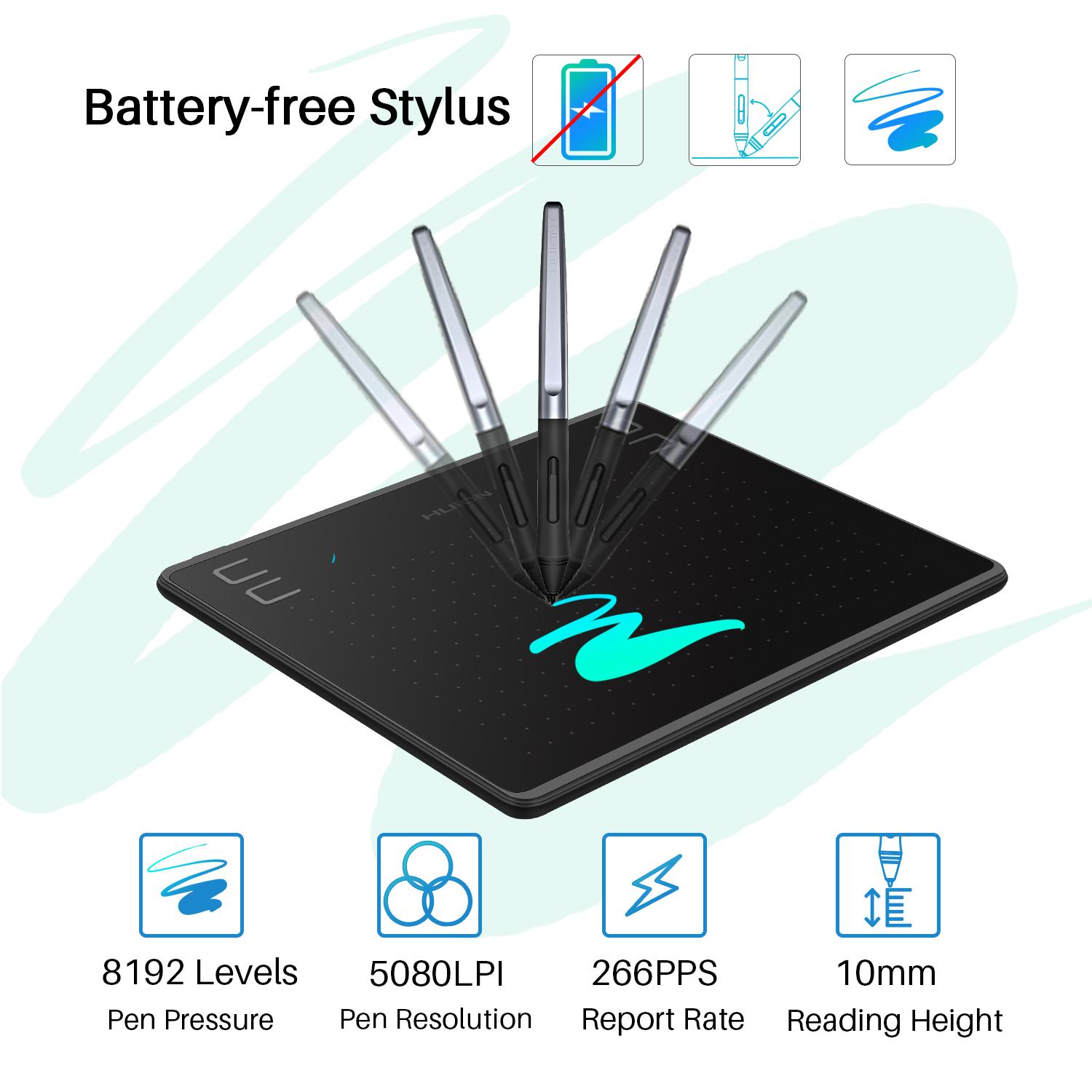 Huion HS64HS64 Chips Digital Graphics Tablets OSU Drawing Tablet with 8192 Battery-Free Stylus ...