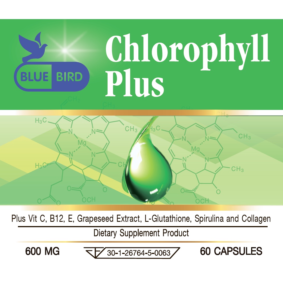 คลอโรฟิลล์ chlorophyll plus ขนาด 600 มิลลิกรัม 60 แคปซูล ตราบลูเบิร์ด ...