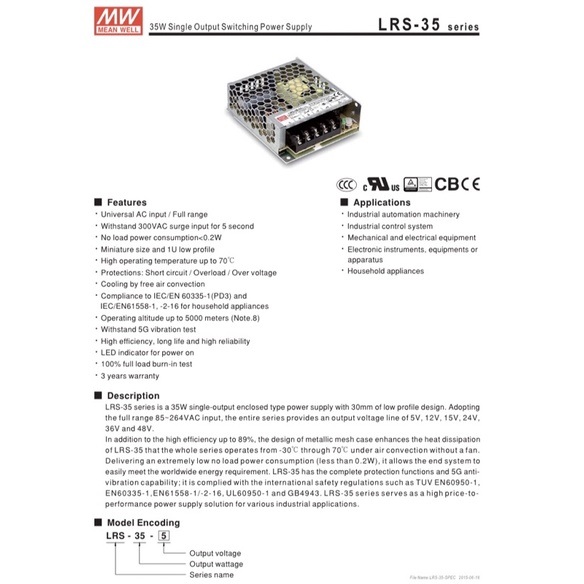 Meanwell LRS-35-24 35w 24v 1.5A หม้อแปลง สวิตซ์ชิ่ง พาวเวอร์ซัพพลาย LED ...