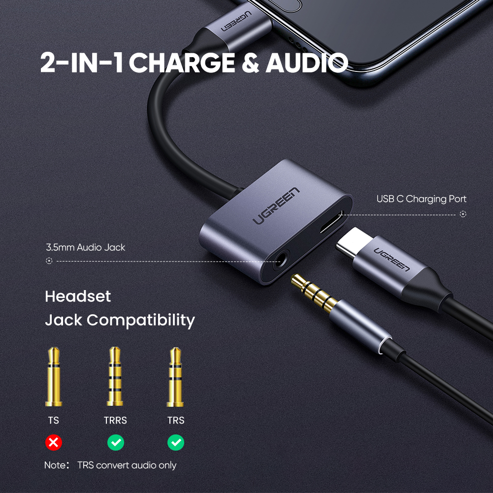 UGREEN อะแดปเตอร์แยกสายชาร์จและหูฟัง 2-in-1 USB C to 3.5mmUSB C Converter Aluminum Alloy Shell ...