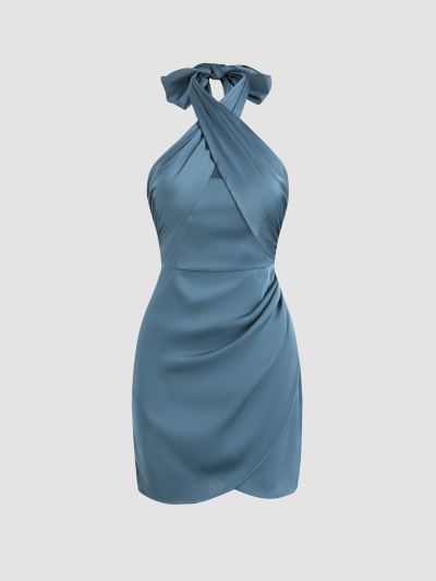 Cider Solid Cross Halter Satin Dress - Cider - ThaiPick