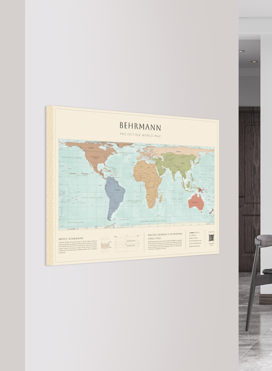 ภาพแขวนผนังแผนที่โลกโมเดิร์น: แบร์มันน์ โปรเจกชัน-มินิมอล คัลเลอร์ ...