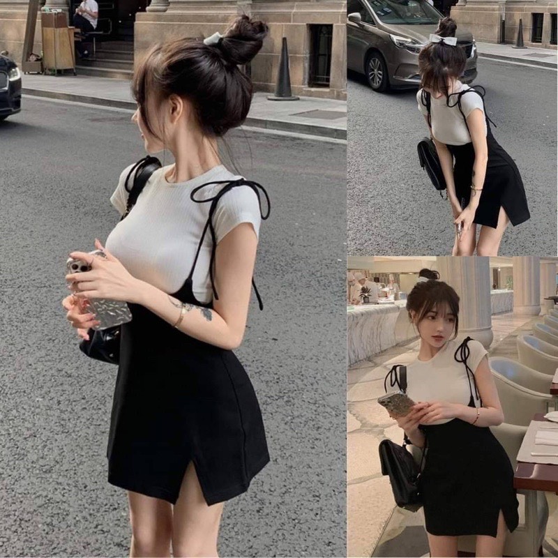 Set2ชิ้นเสื้อคอกลมผ้าร่องไหมพรมเล็ก+กระโปรงพื้นดำมีสายผูกผ้ายืด ด่วนก่อนหมด - Bam shop เสื้อผ้า ...