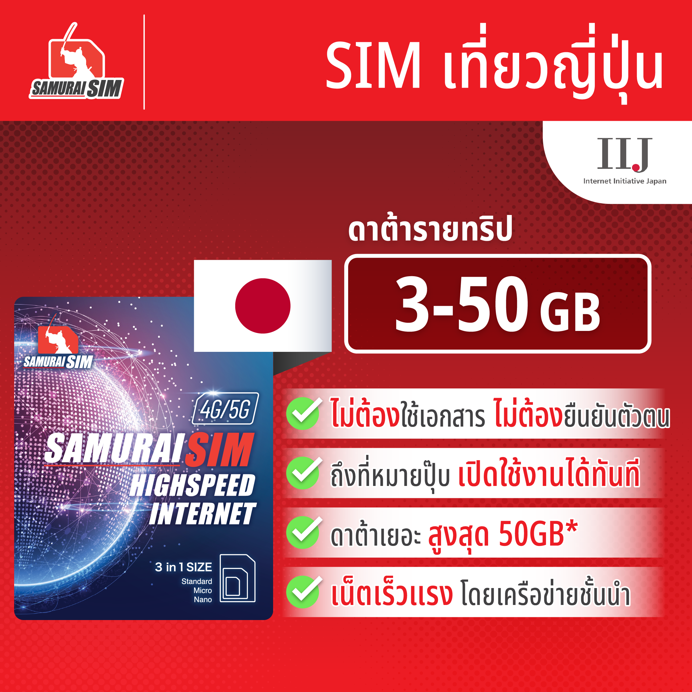 JAPAN (ซิมญี่ปุ่น) 3~50GB/TRIP - Samurai Sim by Samurai WiFi | Lazada.co.th