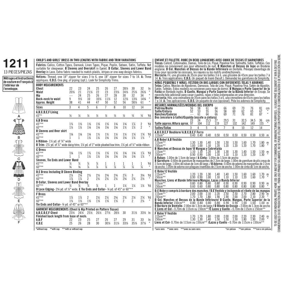 แพทเทิร์นตัดเสื้อผ้าเด็กหญิง ยี่ห้อ Simplicity (1211) ไซส์ 3-4-5-6 ...