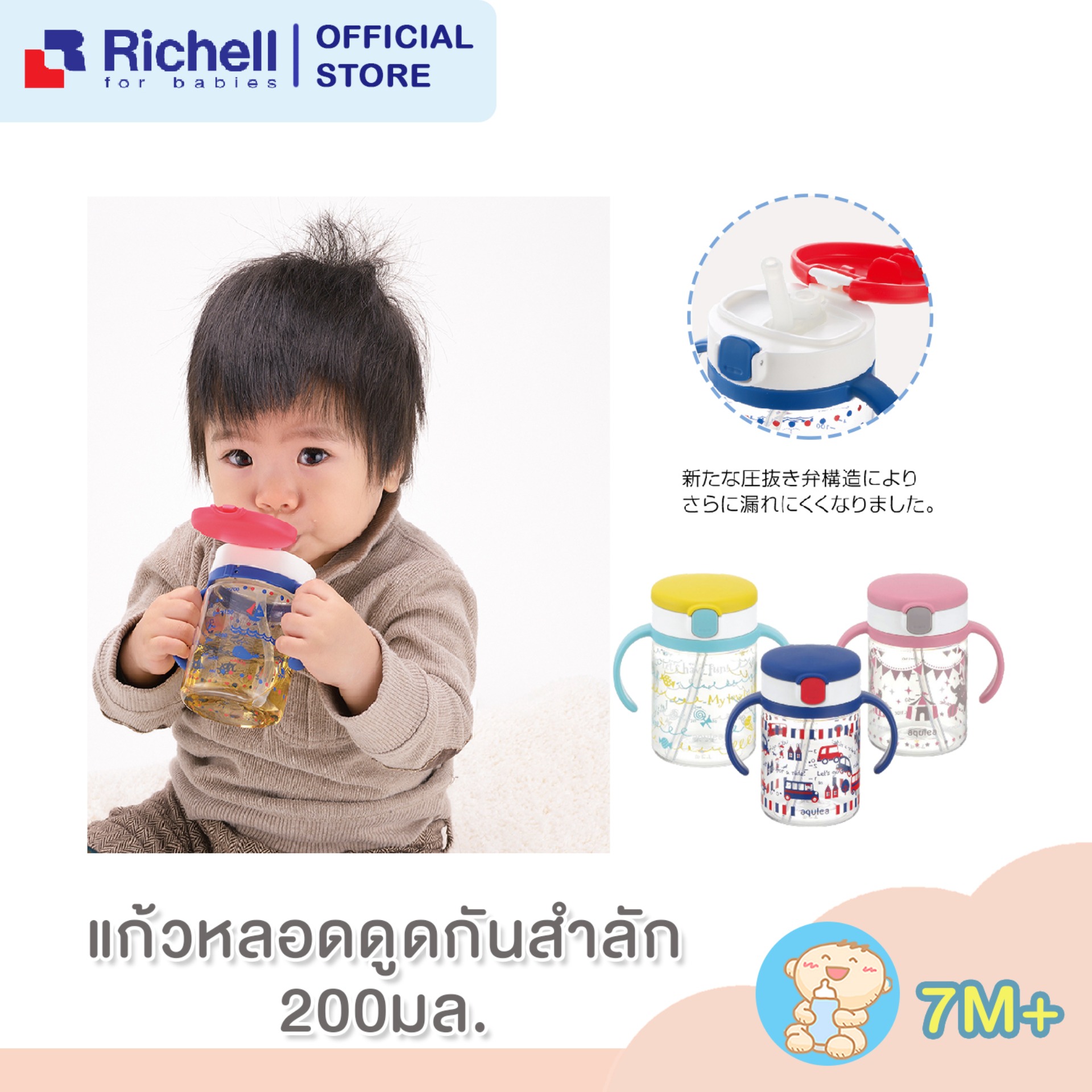 Richell ริเชล (ริชเชล/รีเชล)แก้วหลอดดูดกันสำลักรุ่น AQULEA (200 ml) แก้วหลอดดูด แก้วกันสำลัก แบบ ...
