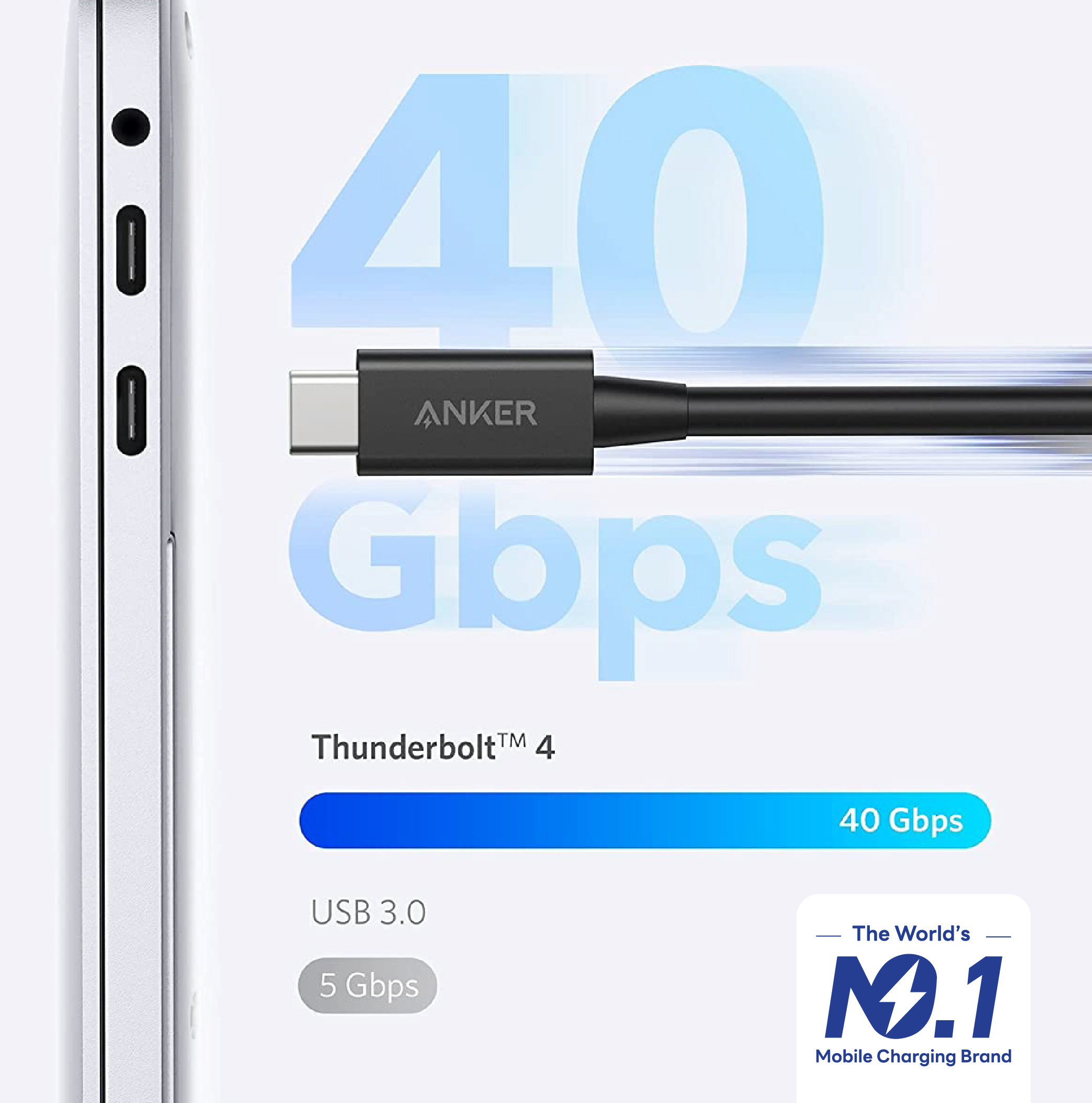 Anker USB-C to USB-C Thunderbolt 4.0 Cable (70cm) สายชาร์จเร็ว 100W ...