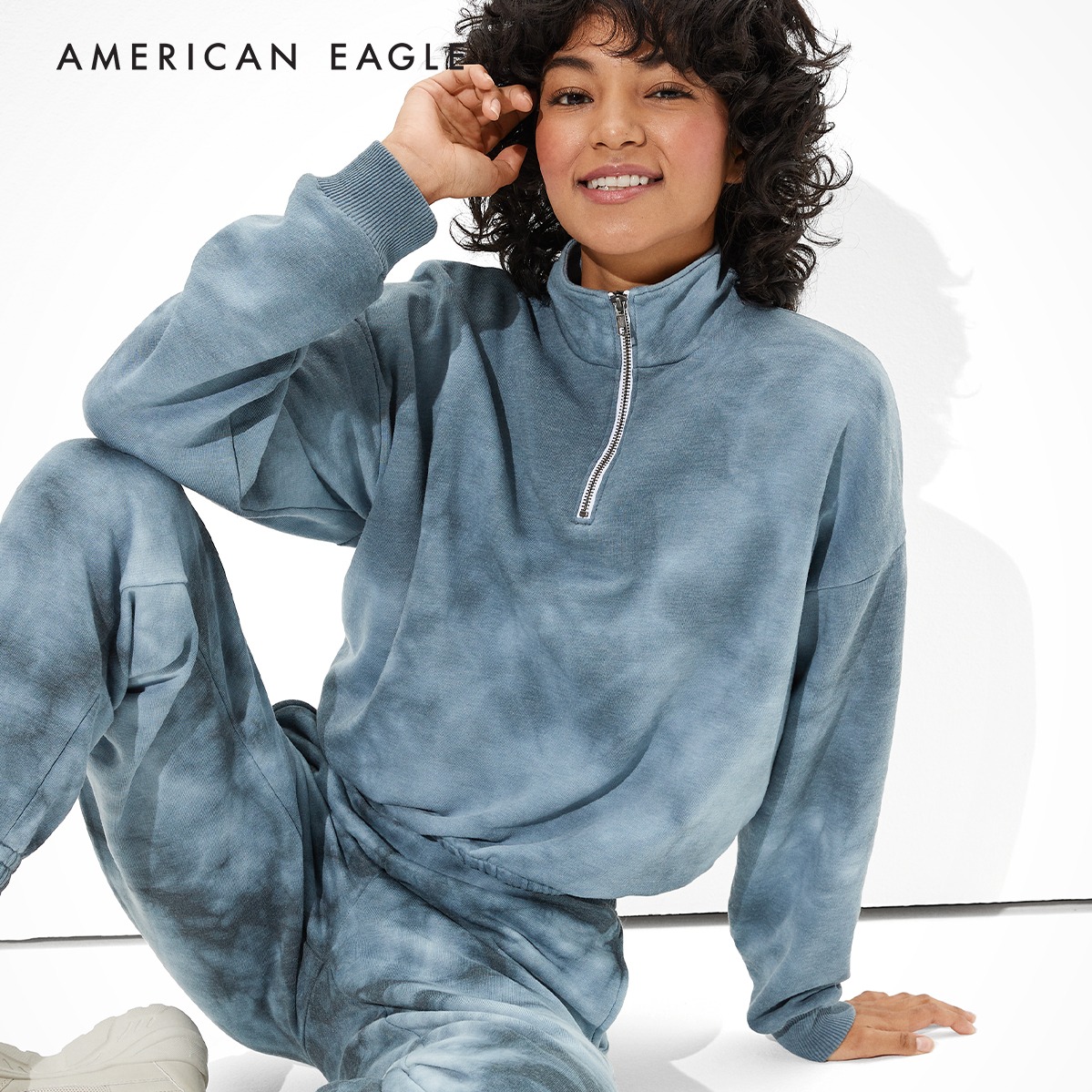 American Eagle Fleece Cinched Quarter Zip Sweatshirt เสื้อ สเวตเตอร์ ...