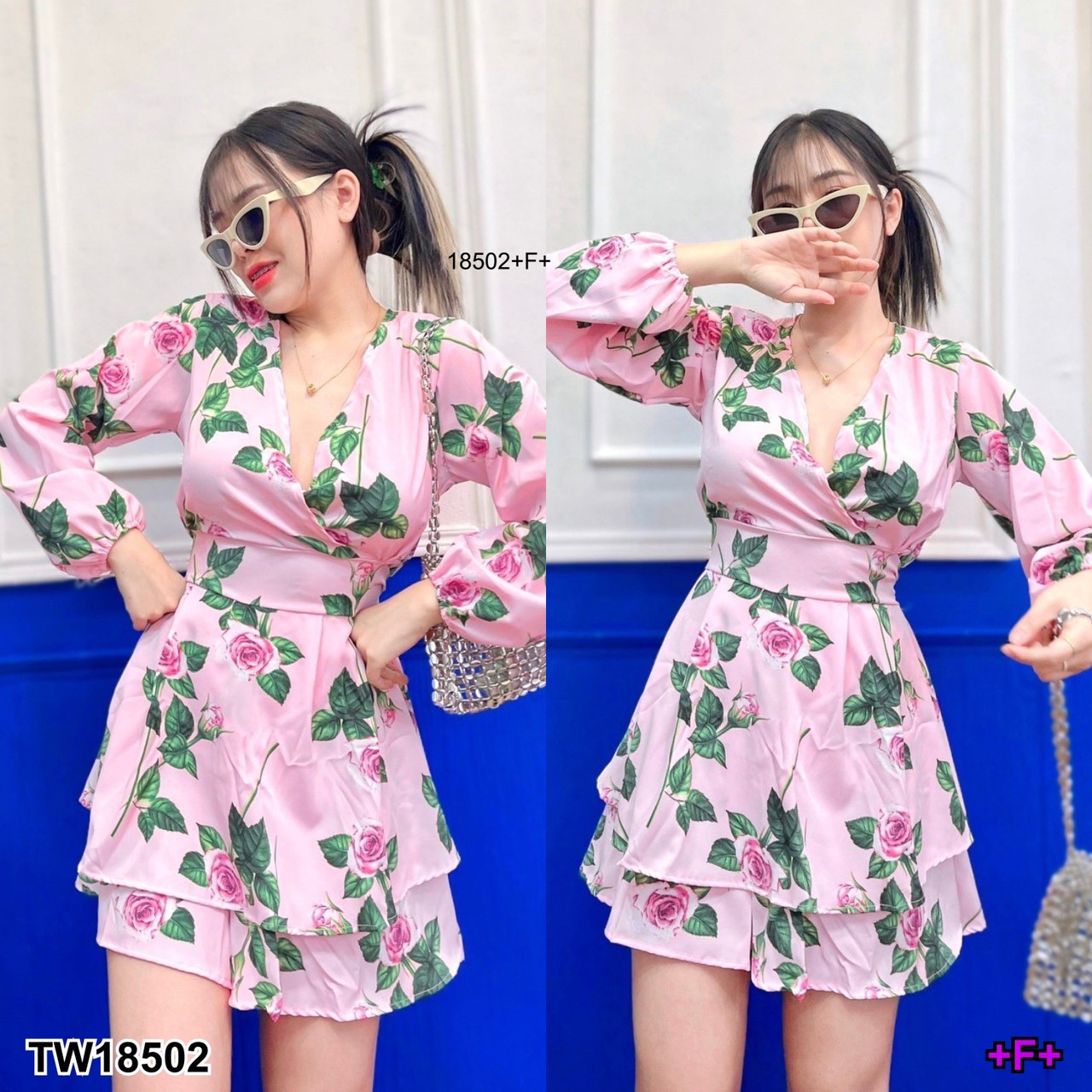 S18502 Jumpsuit จั้มสูทกางเกง ลายดอกกุหลายบ สายผูกเอว | Lazada.co.th