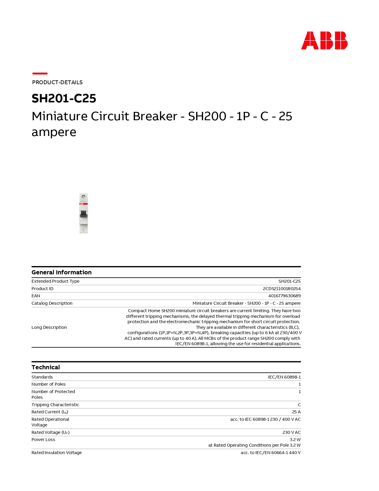ABB SH201-C25 ลูกย่อยเซอร์กิตเบรกเกอร์ 25 แอมป์ 1 โพล 6kA ABB System M Pro 25A MCB Mini Circuit ...