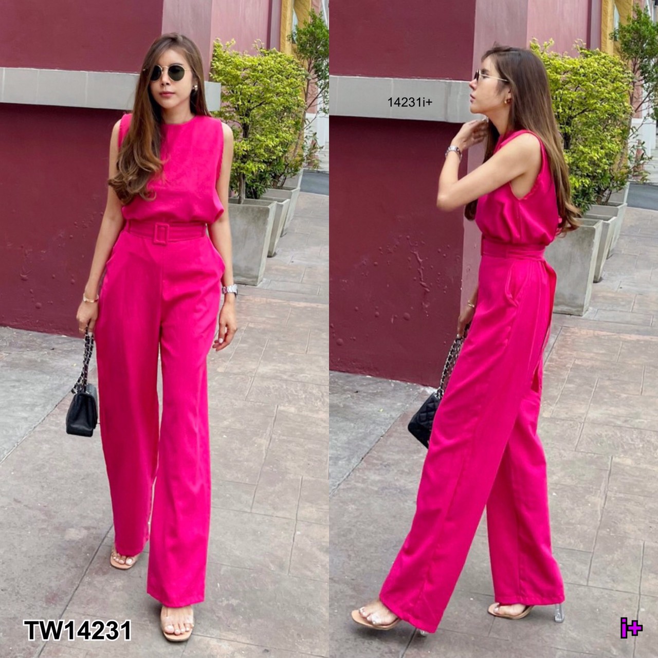 14231 Set เสื้อแขนกุด + กางเกงขายาว + เข็มขัด Set: sleeveless shirt ...