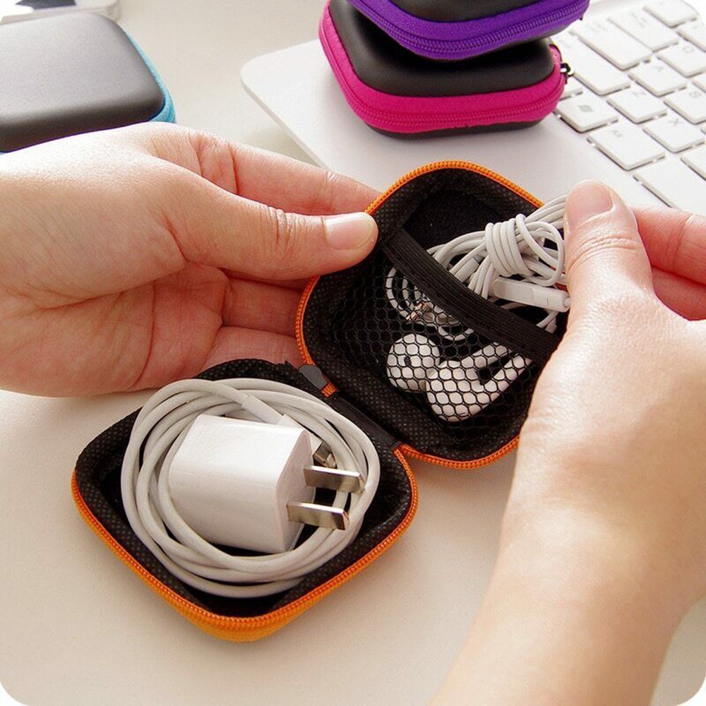 Portable Cable Storage Bag Solid Color Coin Purse Universal Square ...