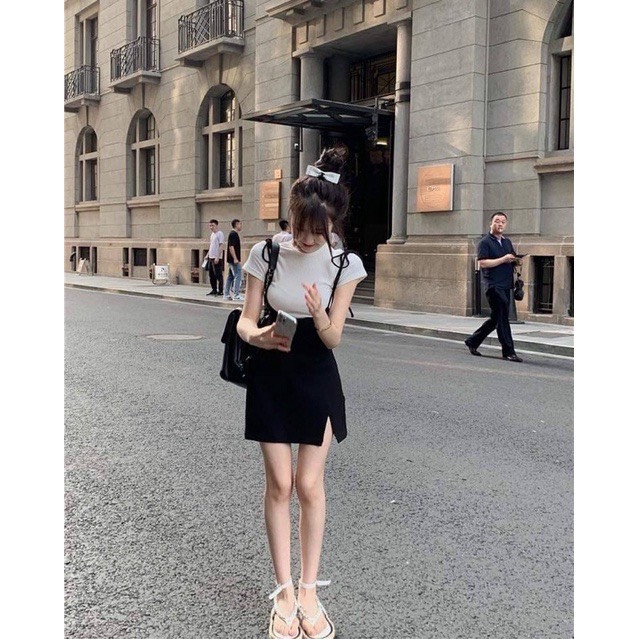 Set2ชิ้นเสื้อคอกลมผ้าร่องไหมพรมเล็ก+กระโปรงพื้นดำมีสายผูกผ้ายืด ด่วนก่อนหมด - Bam shop เสื้อผ้า ...