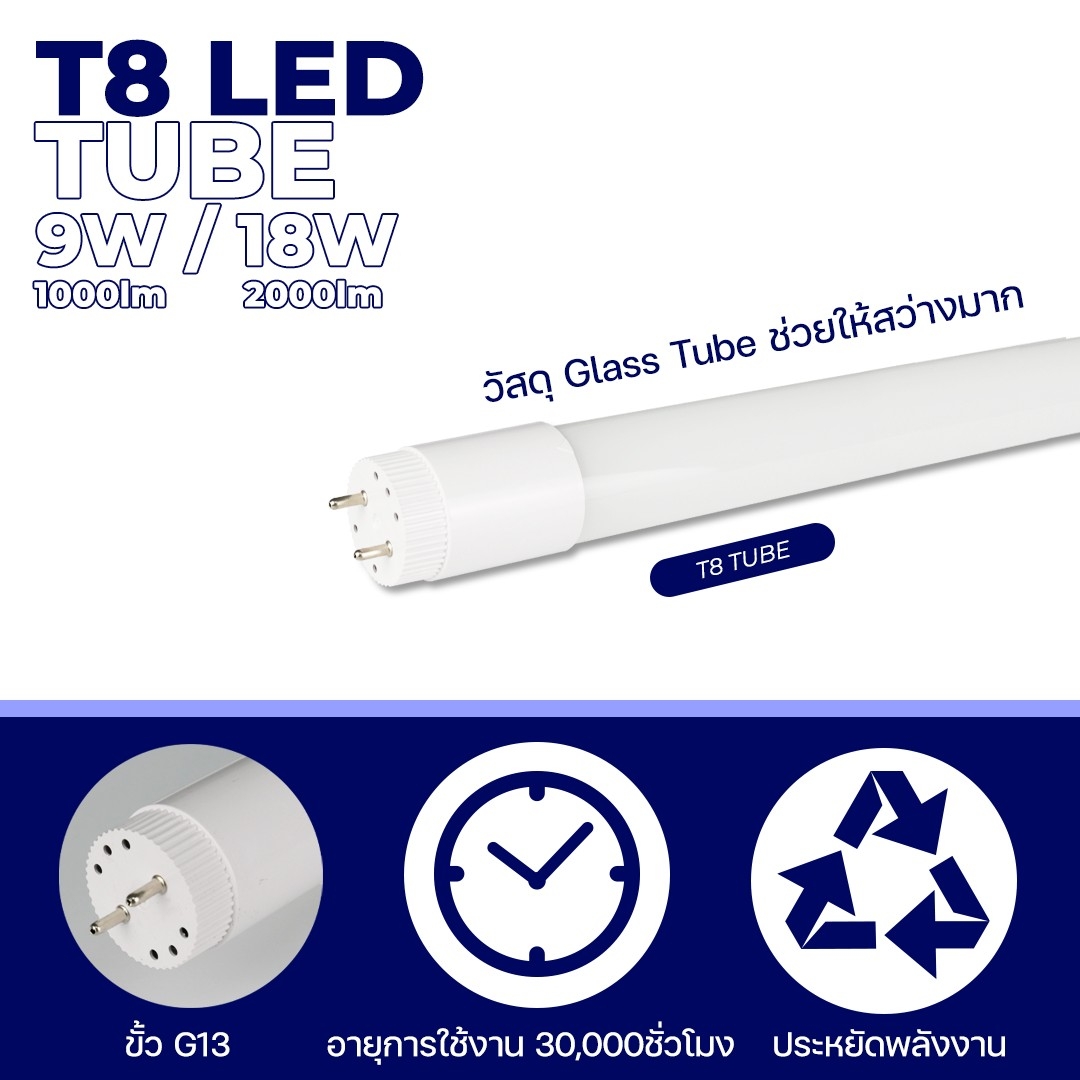 T8 LED หลอดยาวLED ( T8 FULL T8 TUBE )แสงสีขาว 9W 1000lm 18W 2000lm ขั้ว G13 - PY.Light - ThaiPick