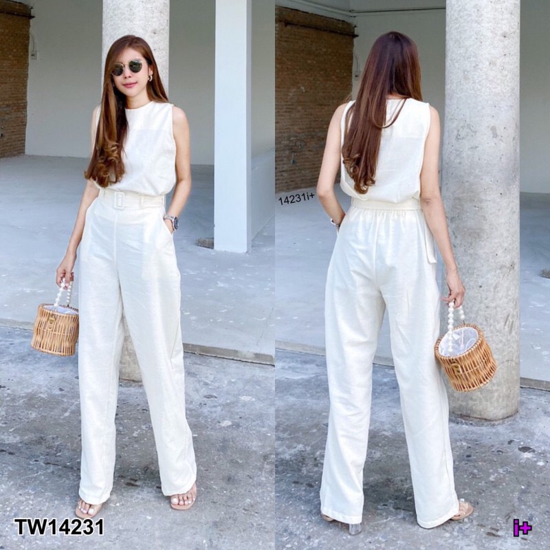 14231 Set เสื้อแขนกุด + กางเกงขายาว + เข็มขัด Set: sleeveless shirt ...