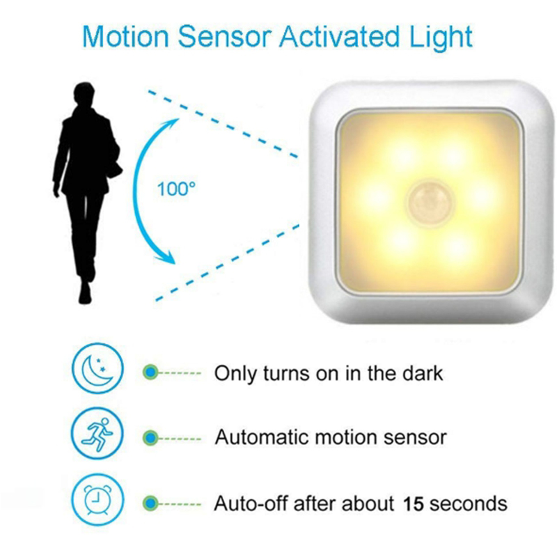 Battery Powered 6 LED Square Motion Sensor Night Lights PIR Induction ...