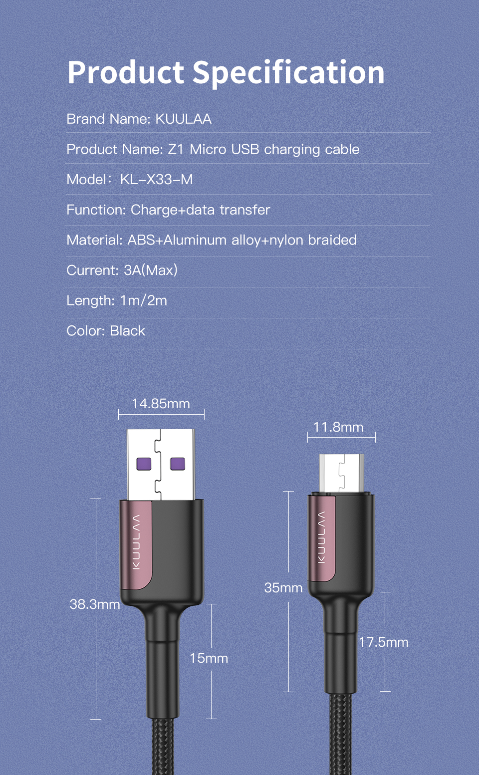 KUULAA สายเคเบิล Micro USB สายเคเบิลสำหรับ Xiaomi Mi Redmi 7 Fast ...