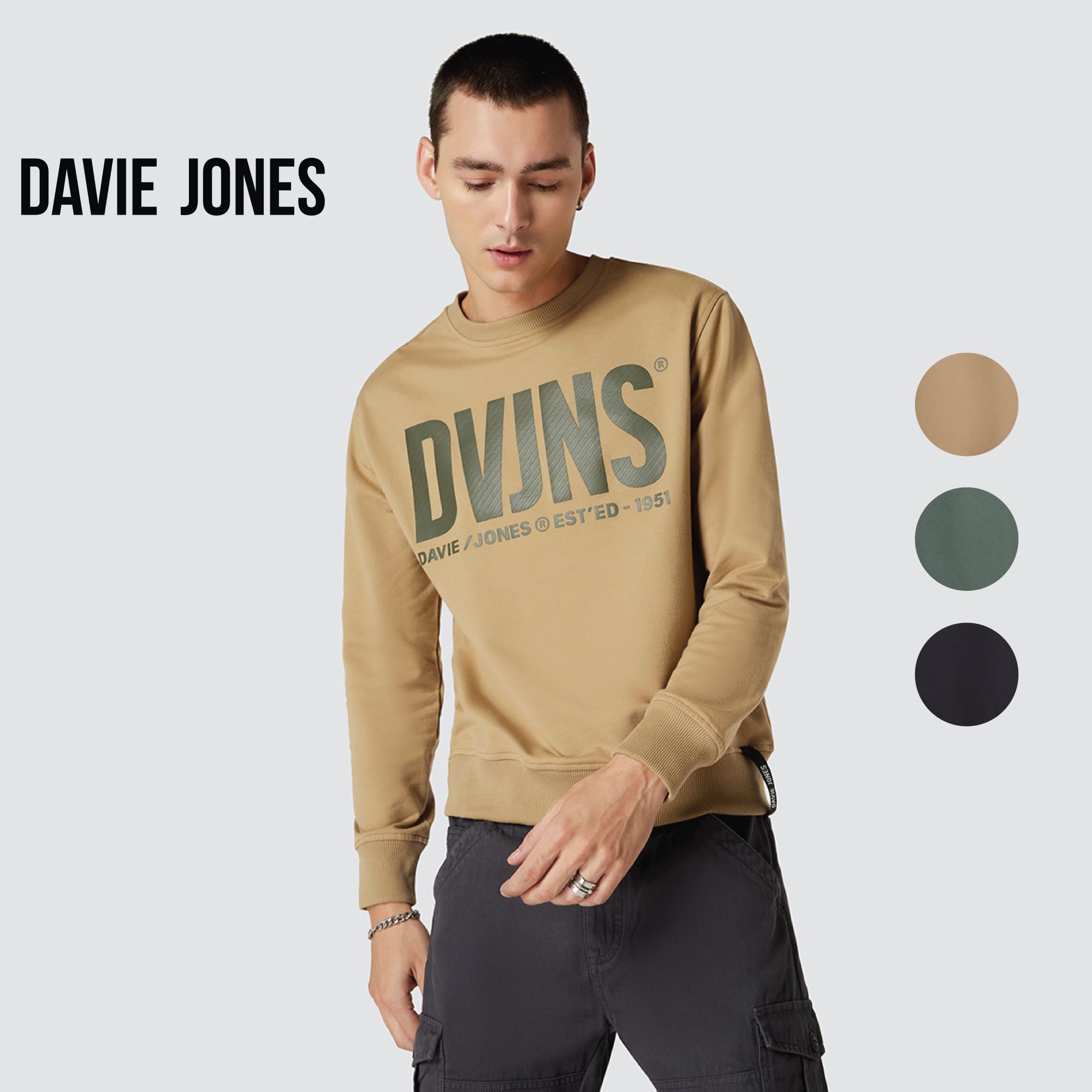 DAVIE JONES เสื้อสเวตเตอร์ ทรง Regular Fit พิมพ์ลายโลโก้ สีกากี สีเขียว ...