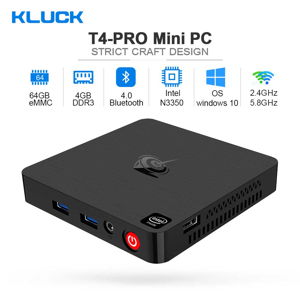 T4 Pro Mini PC Windows 10 Intel N3350 4GB + 64GB Quad-Core 2.4G/5G Dual ...