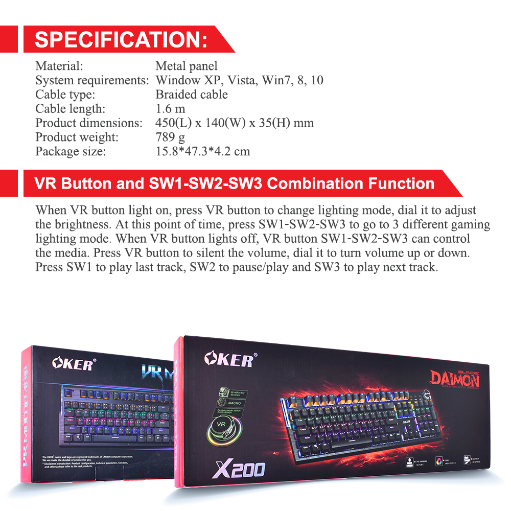 OKER X200 Machanical Black Daimond Bule Switch คีบอร์ดแมคานิคอล ไฟ LED ...